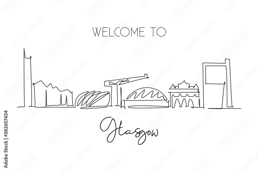 One continuous line drawing of Glasgow city skyline, Scotland ...