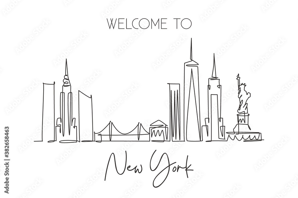 Vetor de One continuous line drawing of New York city skyline, United ...