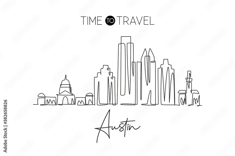 Single continuous line drawing of Austin city skyline, USA. Famous city ...
