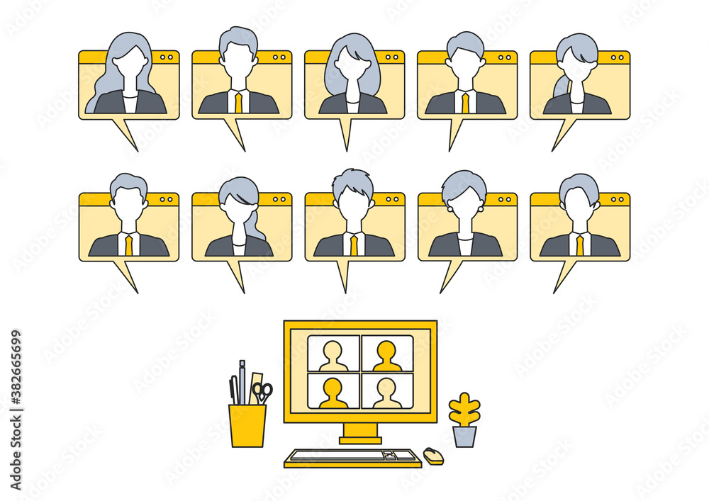 People in virtual window frames. Vector illustration of people having ...