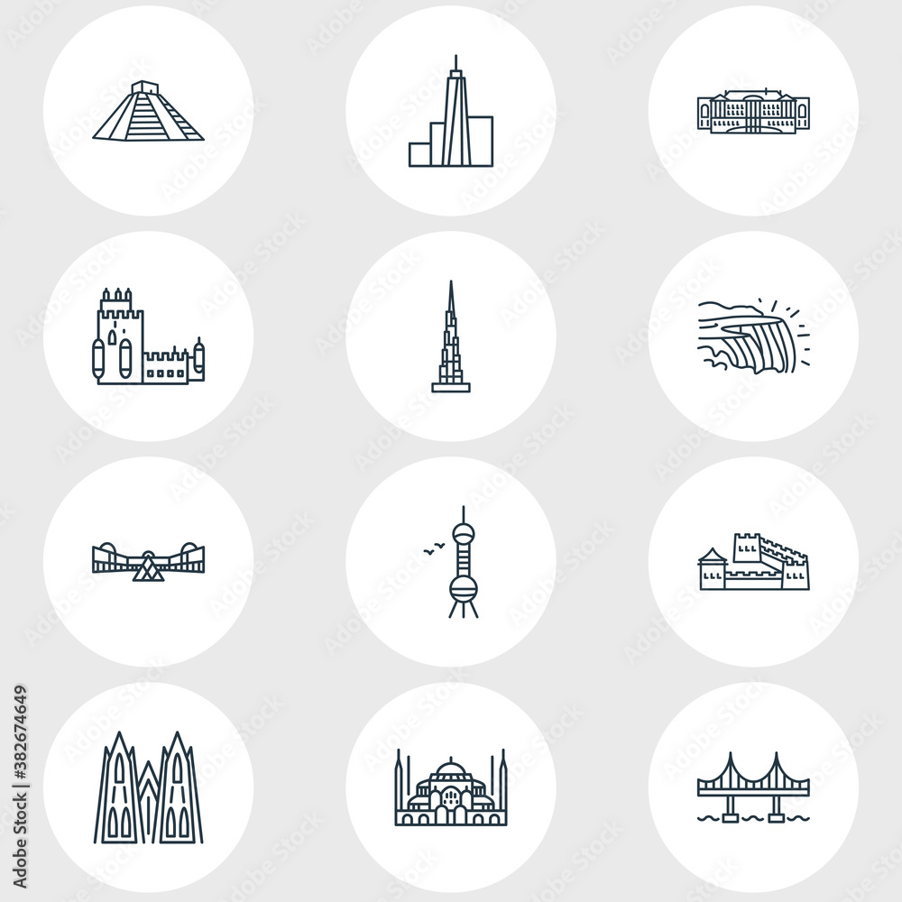 Vector illustration of 12 culture icons line style. Editable set of ...