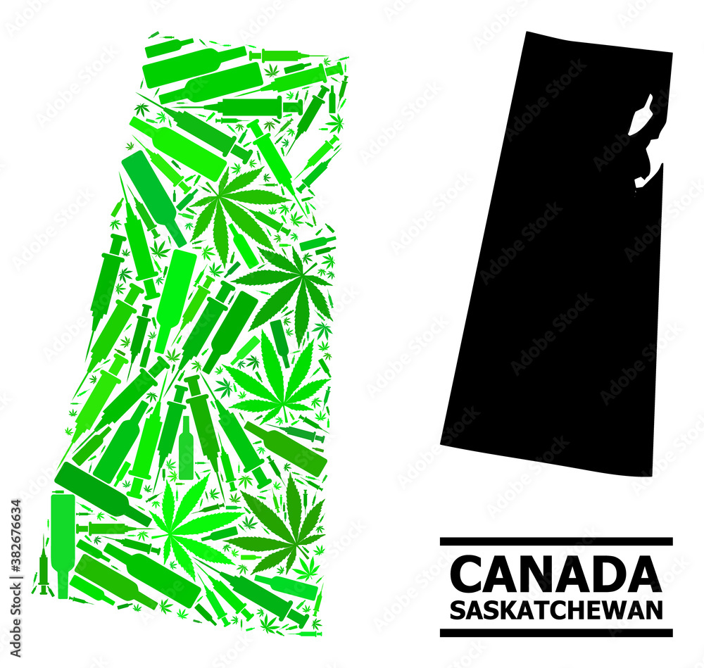 Drugs mosaic and usual map of Saskatchewan Province. Vector map of ...