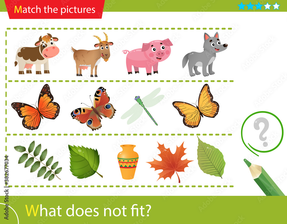 Logic puzzle for kids. What does not fit? Farm animals. Butterflies ...