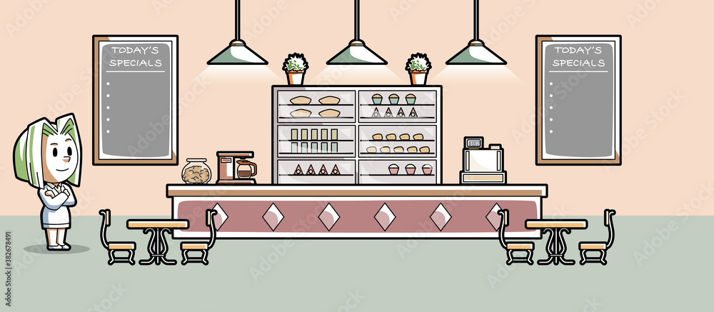 Cartoon business cafe background setting with lunch counter and seating ...