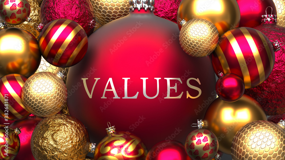 Values and Xmas, pictured as red and golden, luxury Christmas ornament ...