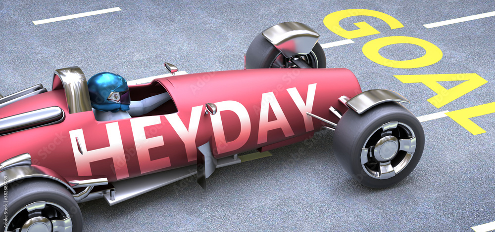 Poster Heyday helps reaching goals, pictured as a race car with a ...