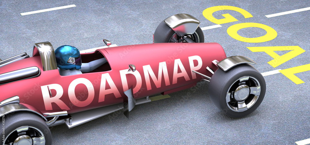 Roadmap helps reaching goals, pictured as a race car with a phrase ...