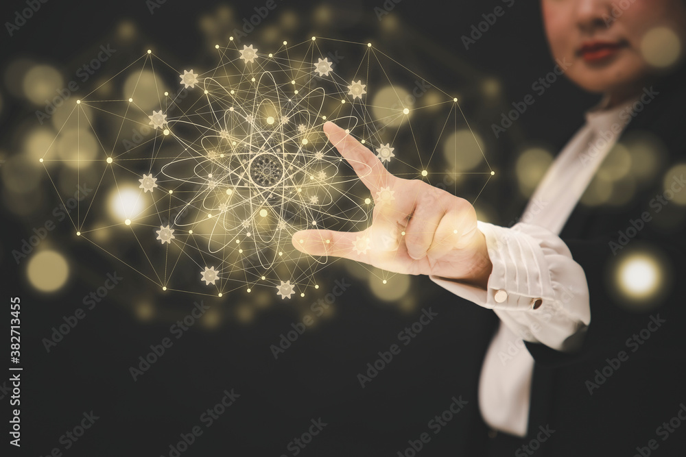 Business Asian woman Touching line control in graph Screen Icon of a ...