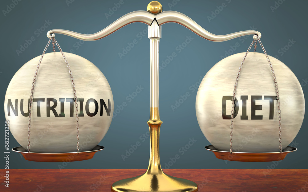 nutrition and diet staying in balance - pictured as a metal scale with ...