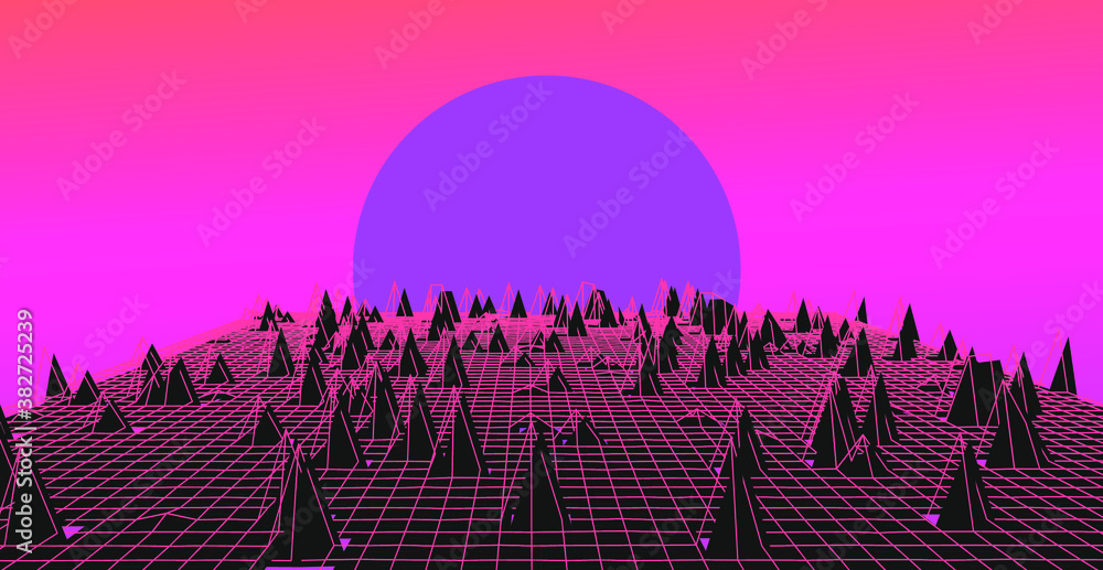 Retrowave VJ videogame landscape, neon low poly terrain grid. Stylized ...