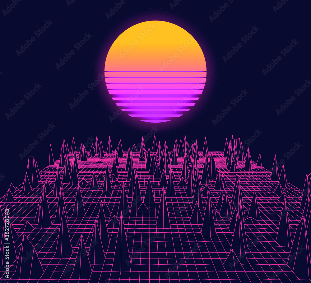Retrowave VJ videogame landscape, neon low poly terrain grid. Stylized ...