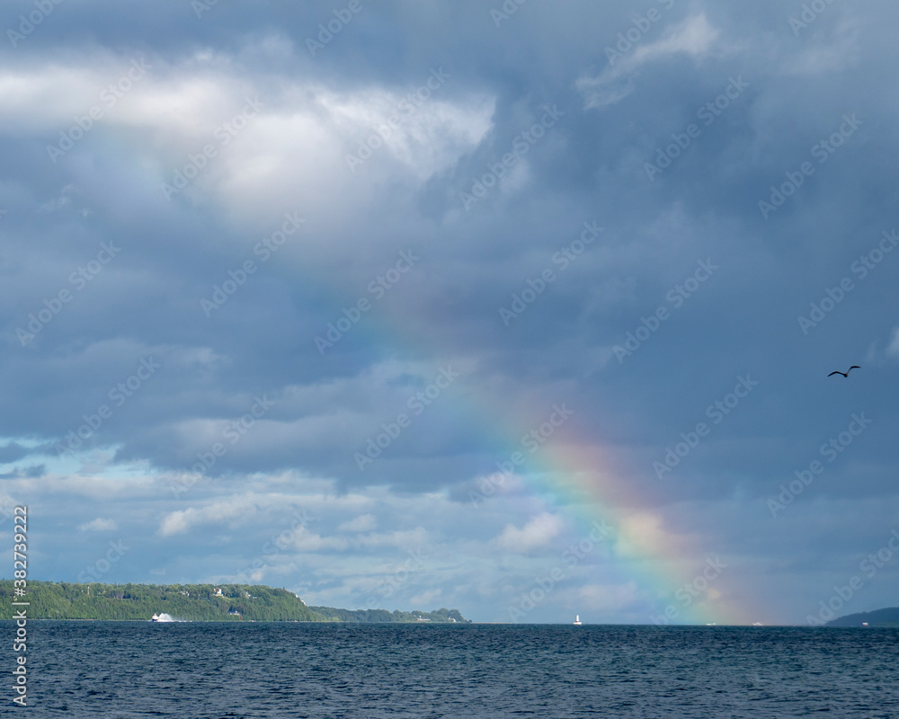 Mackinaw Island Rainbow from St Ignace Michigan, Lake Huron Stock Photo ...