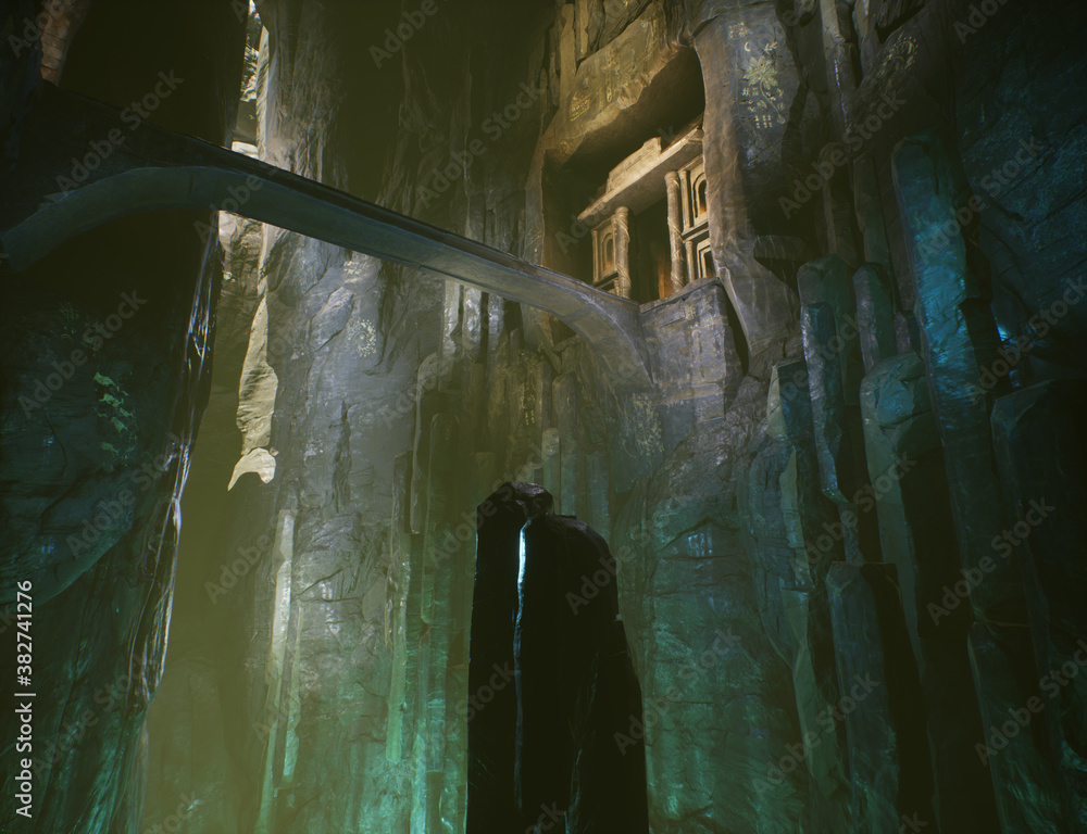 Underground temple. Fantasy cave with a gigantic gate and a bridge ...