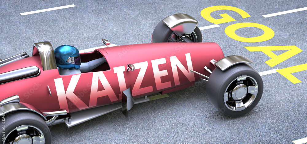 Kaizen helps reaching goals, pictured as a race car with a phrase ...