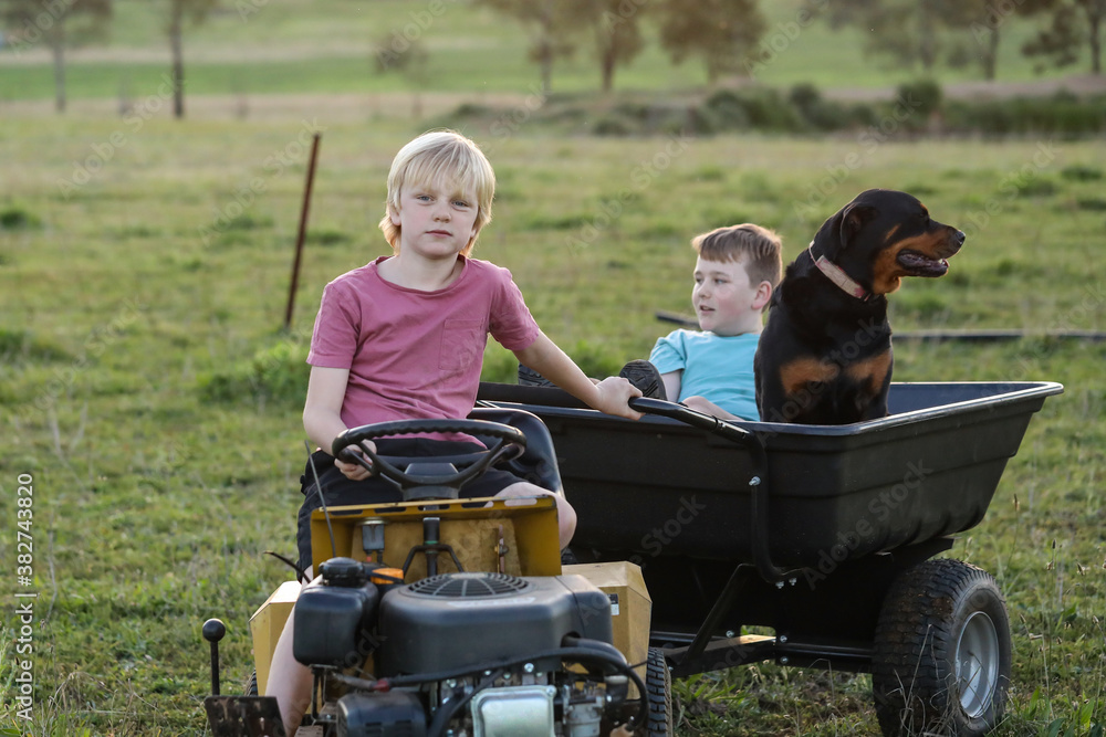 Happy boy driving ride on mower in pretty country setting with another ...