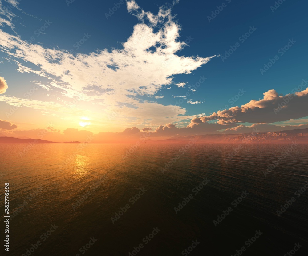 Sea sunset panorama, ocean sunrise, the sun among the clouds above the ...