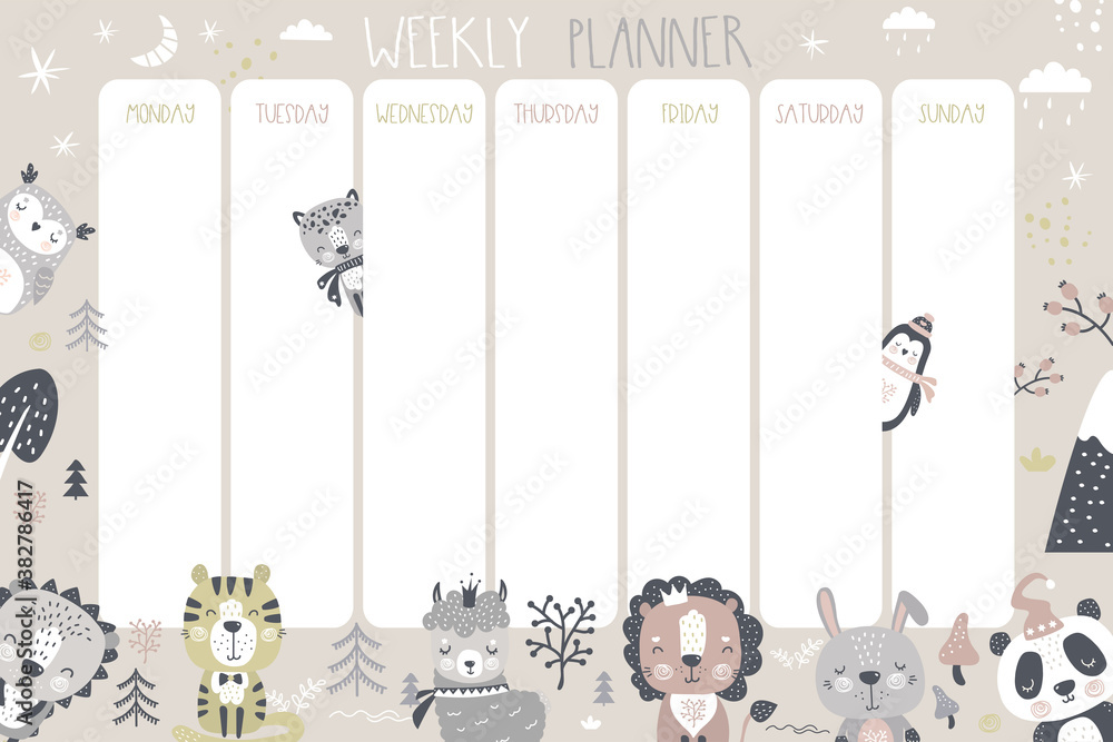 Weekly or daily planner with cute wild animals. Adorable forest animals ...