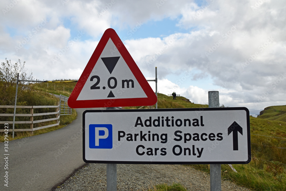 Overflow parking signage at Lealt Falls, Isle of Skye, Scotland, UK ...