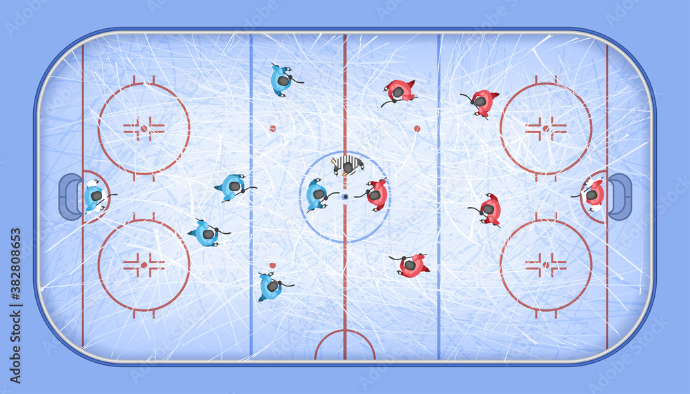Hockey rink with hockey players. Top view. Textures blue ice. Ice rink ...