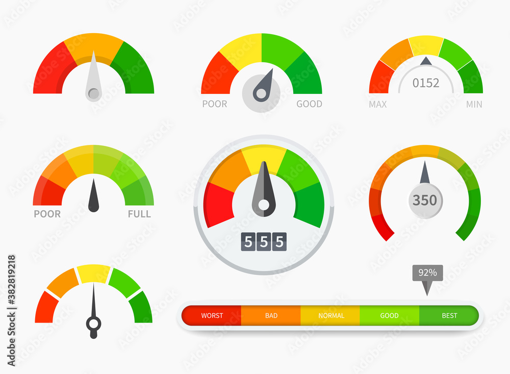 Vetor de Credit score indicators with color levels. Gauges with ...
