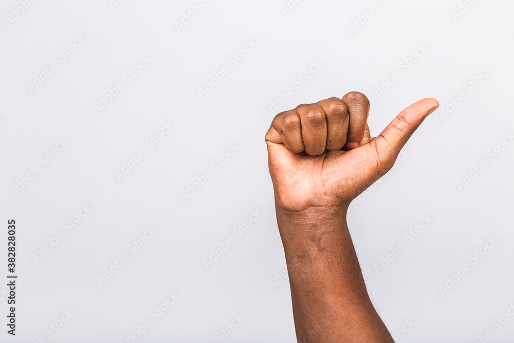 Afro-American black man's hand showing different gestures on white ...