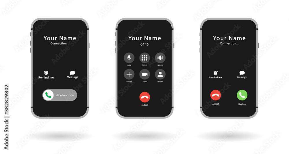 Three smartphones. Phone call screen installed. Accept button, reject ...