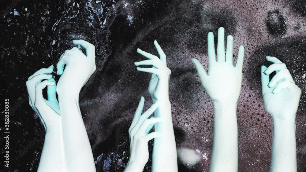 Psychedelic animation. Halloween party. Blue alien hands postures on ...