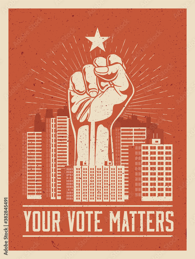 Election poster or flyer design template with giant fist rises above ...