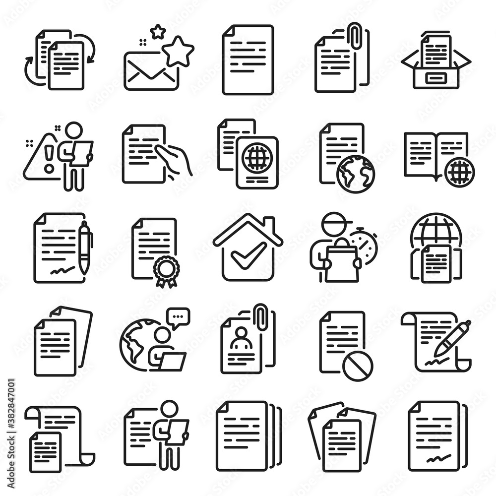 Documents line icons. Copy files, Contract agreement, Passport. CV interview, documents workflow ...
