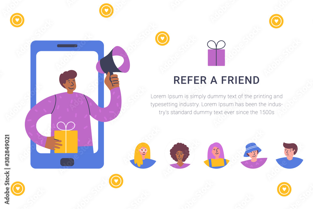 Refer a friend concept. Attract friend. Dark skinned boy shouts on ...