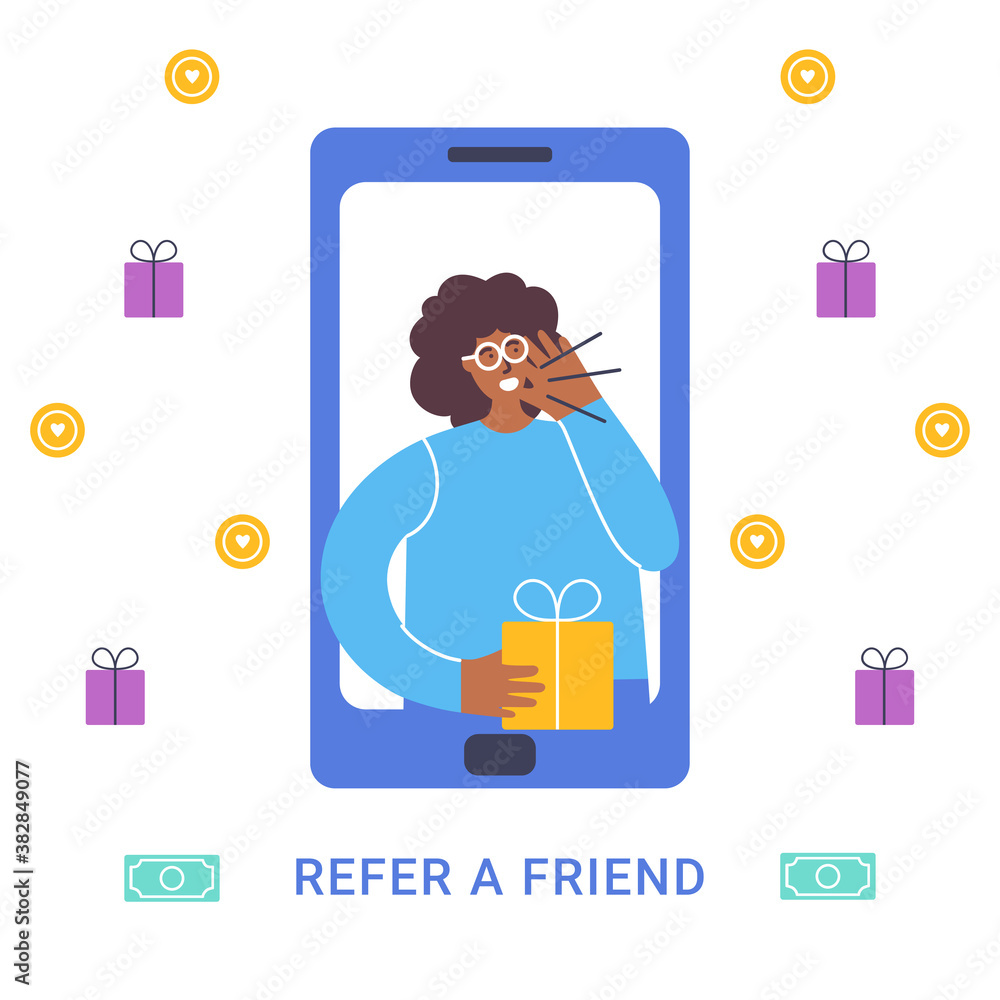 Refer a friend concept. Attract friend. Dark skinned girl attract ...