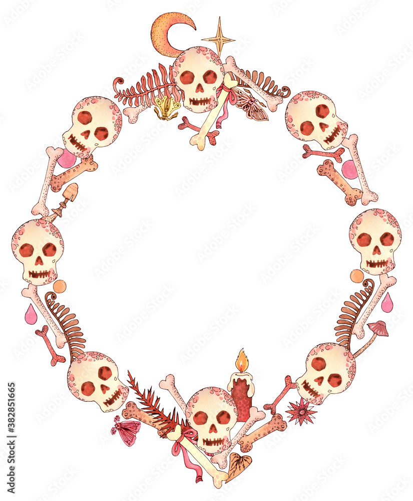 Halloween witchcraft round frame.Hand drawn watercolor border. Vintage ...