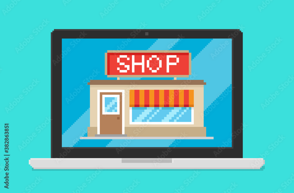 Pixel art vector illustration of laptop with digital shop on screen ...