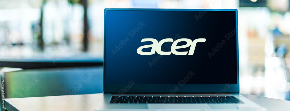 Laptop computer displaying logo of Acer Stock Photo | Adobe Stock