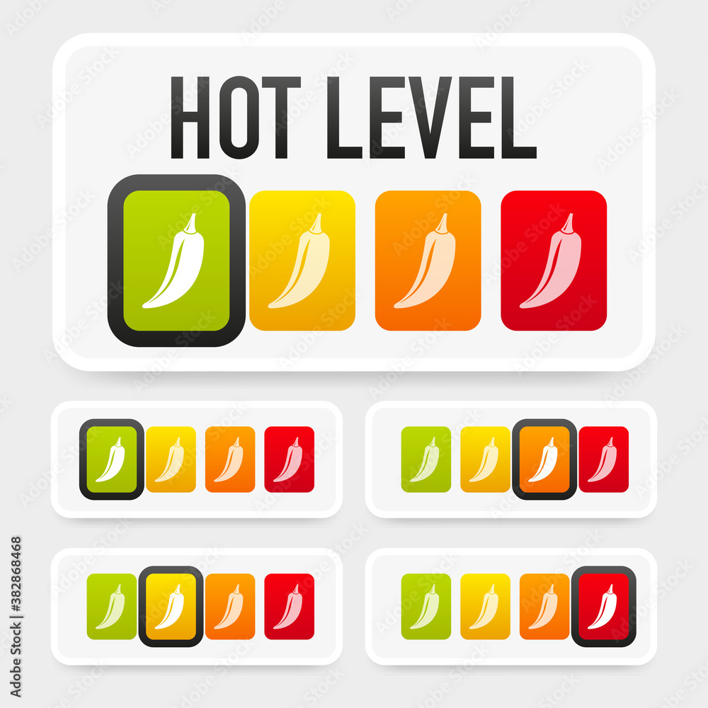 Hot pepper strength scale indicator with mild, medium, hot and hell ...