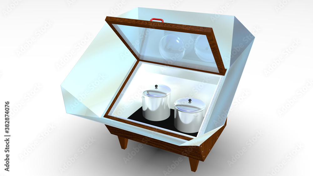 Solar box cooker with open glass lid and metal reflectors on white ...