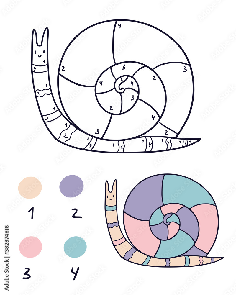 Cute snail character. Educational coloring book page. Color by numbers ...