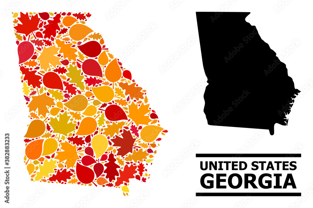 Mosaic autumn leaves and solid map of Georgia State. Vector map of ...