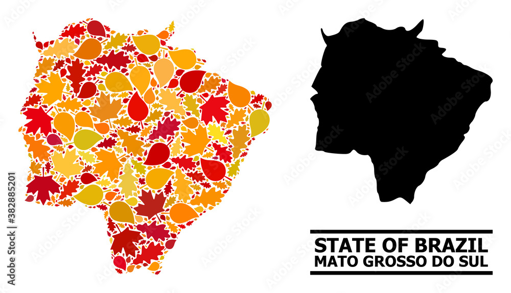 Mosaic autumn leaves and usual map of Mato Grosso do Sul State. Vector map of Mato Grosso do Sul ...