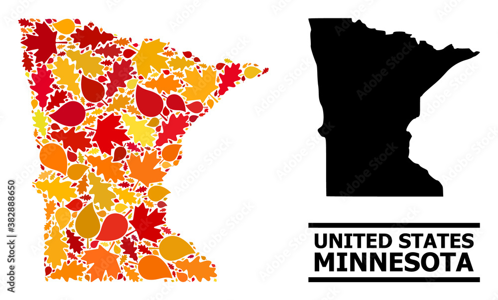 Mosaic autumn leaves and solid map of Minnesota State. Vector map of ...