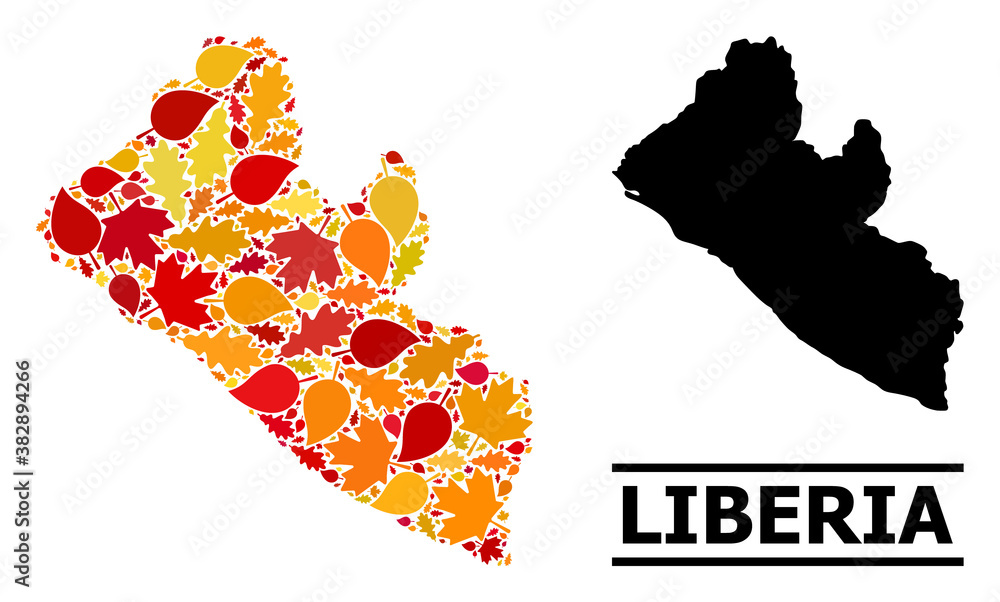 Mosaic autumn leaves and solid map of Liberia. Vector map of Liberia is ...