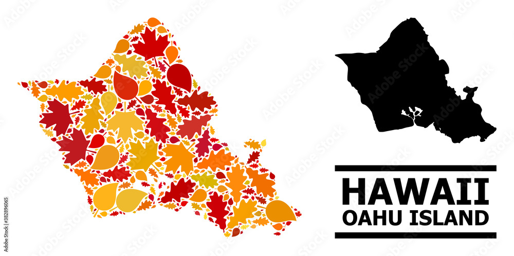 Mosaic autumn leaves and solid map of Oahu Island. Vector map of Oahu ...