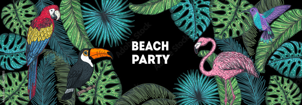 Tropical birds, palm leaves and flowers vector illustration.Toucan ...