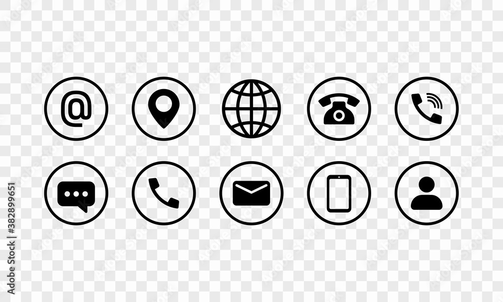 Communication icon set in black. Email, location, internet, phone, call ...