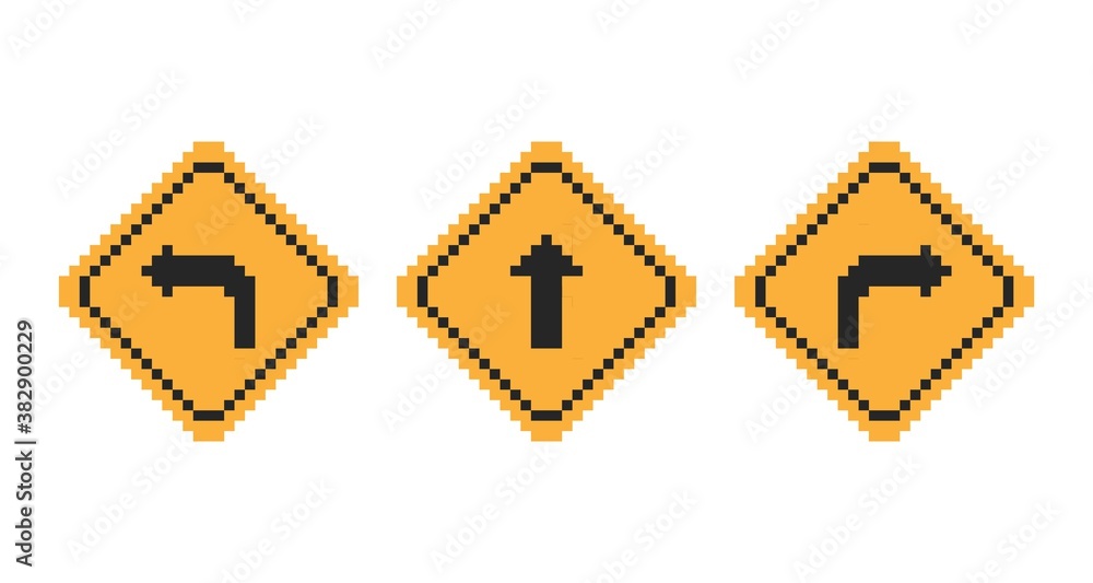 Pixel art 8-bit turn left, turn right, go straight road sign set on white background - isolated ...
