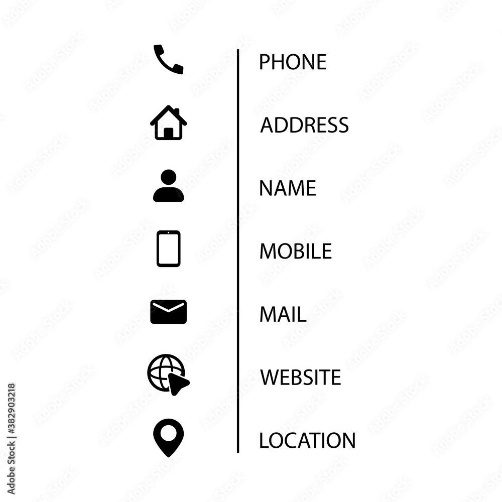 Business card icon set. Call, browser, phone, message, location and ...