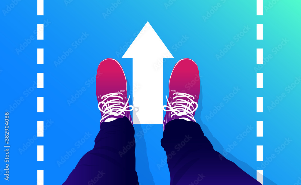 Walk on - Feet with shoes standing still on arrow pointing the way ...