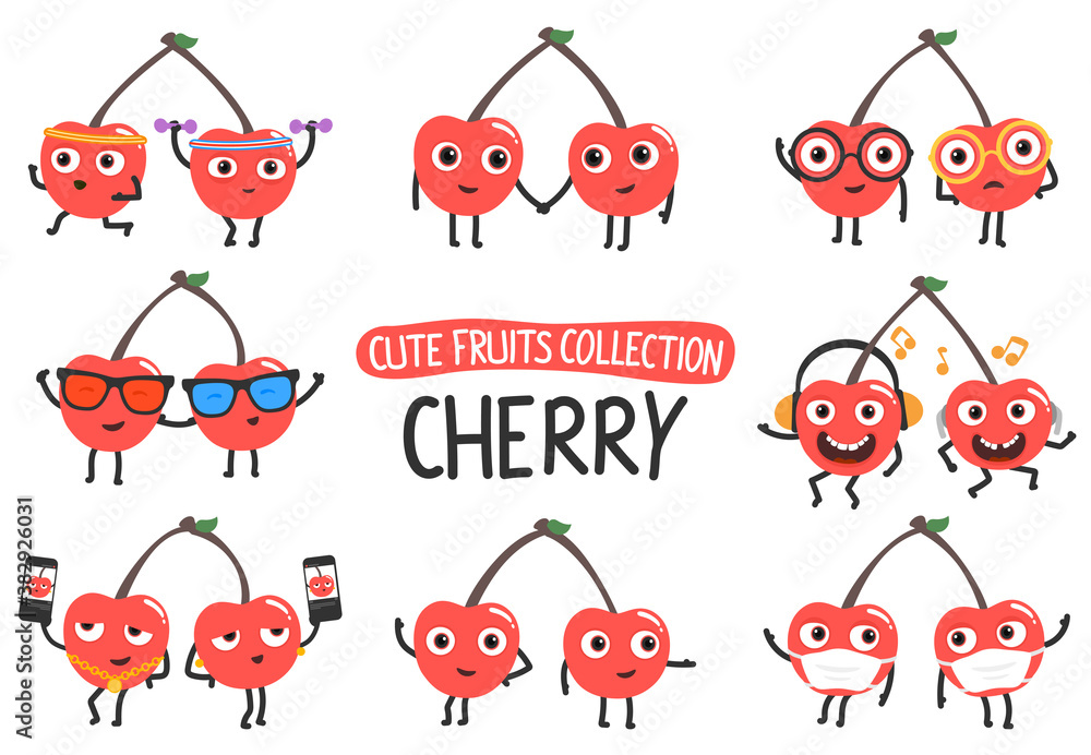 Cute cherry cartoon characters set.To see the other cute fruit vector ...