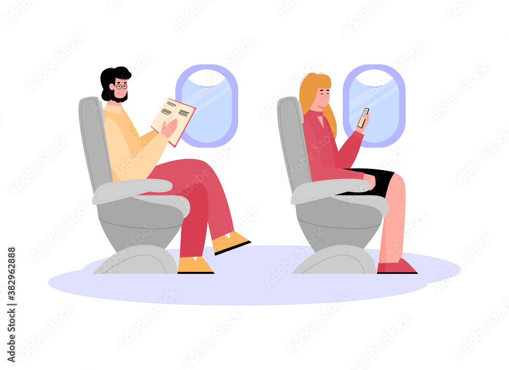 passengers during flight by airplane sitting on their seats, flat ...