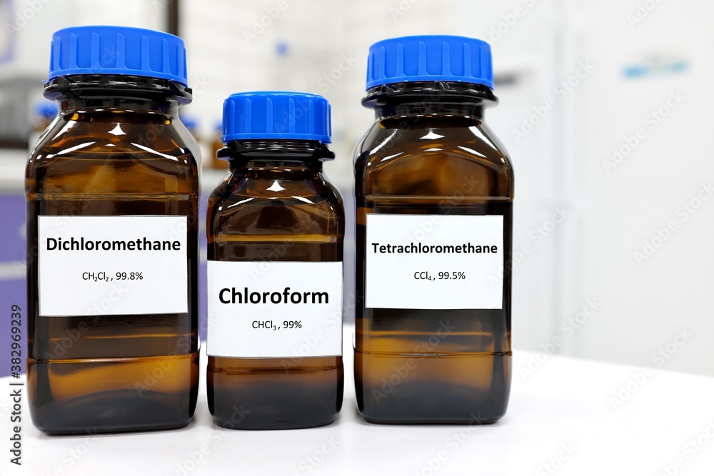 Selective focus of pure dichloromethane, chloroform and tetrachloromethane liquid chemical ...